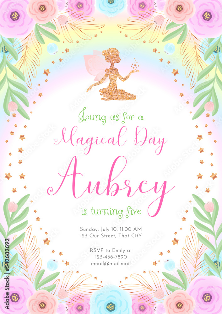 Fairy birthday party invitation template. Gold sparkling silhouette of ...
