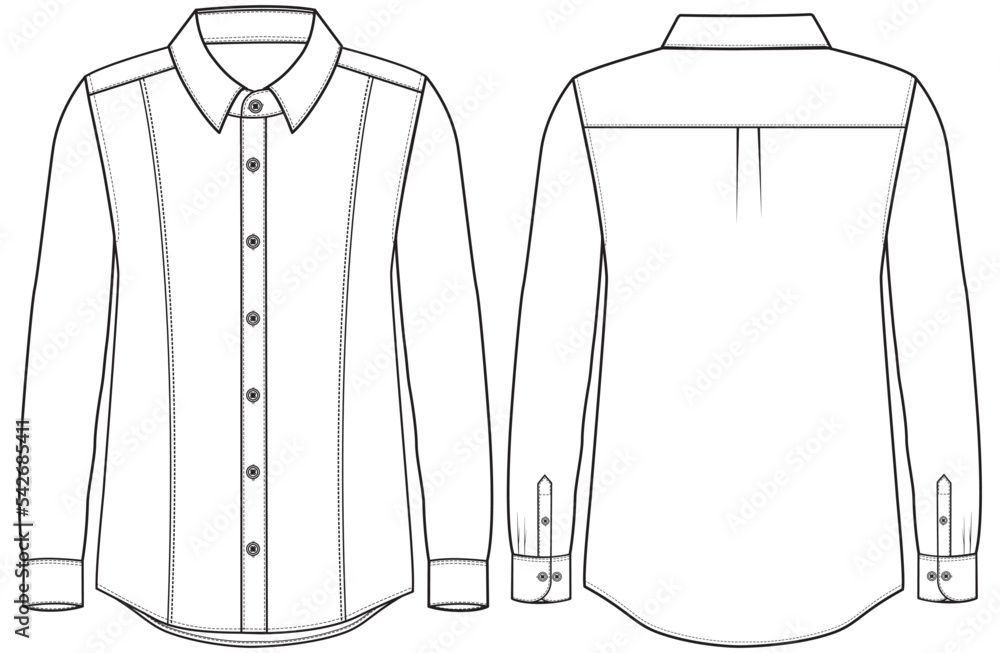 mens shirt template front and back flat sketch long sleeve plain white ...