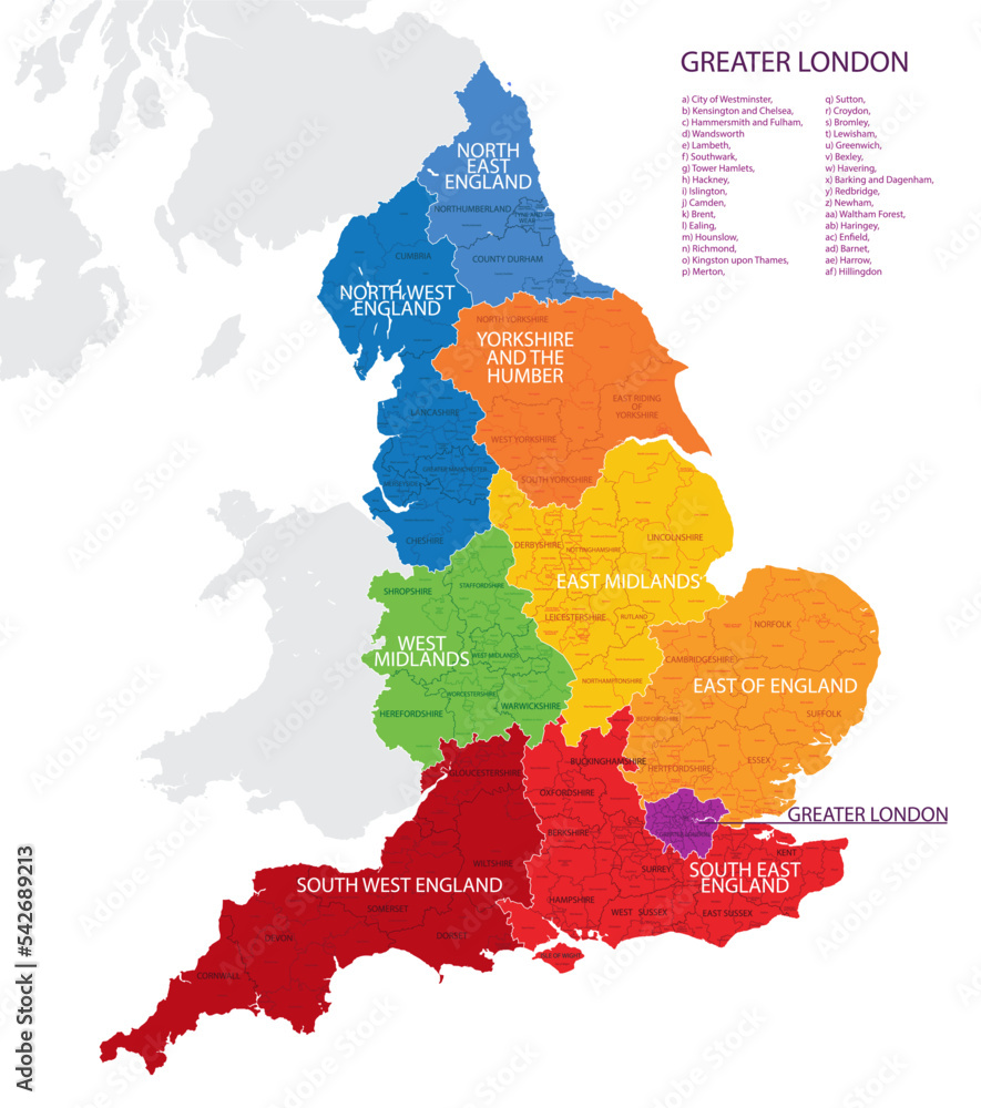 Map of the England with administrative divisions of the country into ... Map of the England with administrative divisions of the country into ...