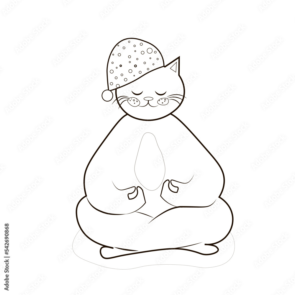 cat coloring page, cat doing yoga, achromatic illustration, winter ...