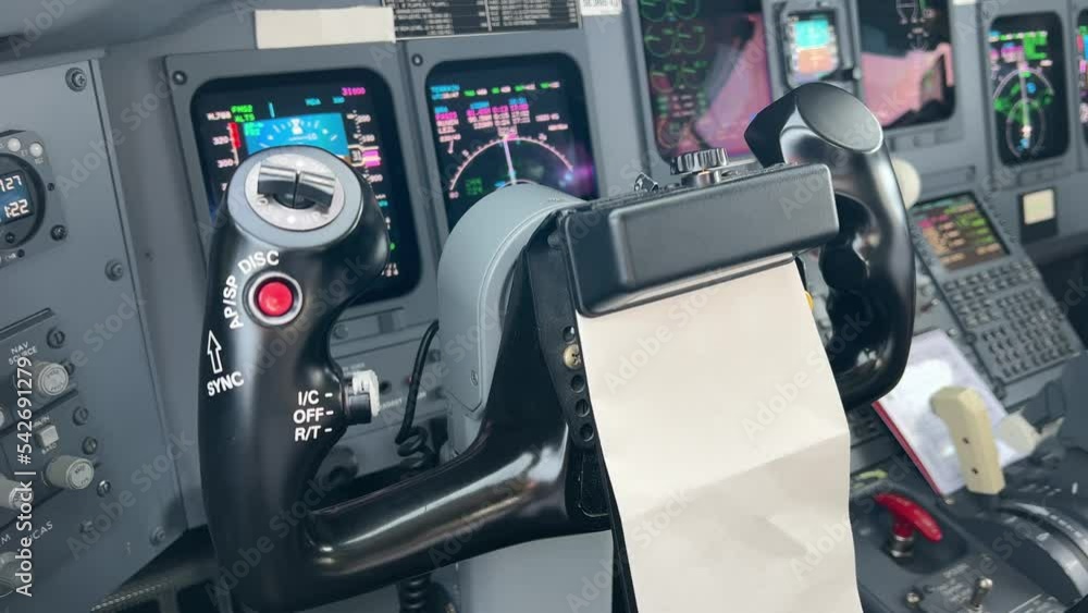 Close view inside a jet cockpit of the captain control wheel in a moder ...