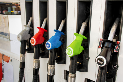 Petrol pumps hoses on a petrol station in Australia - 98, 95, E10, 91 ...