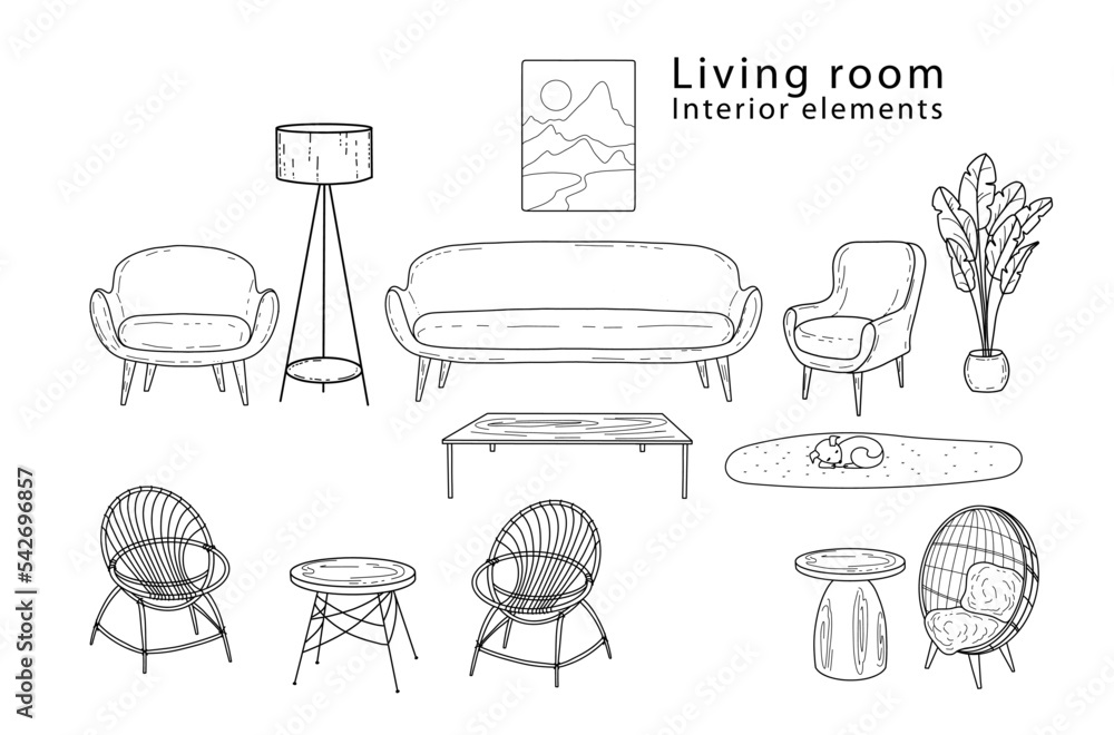 Sketches of furniture for the living room with wicker chairs, hand ...