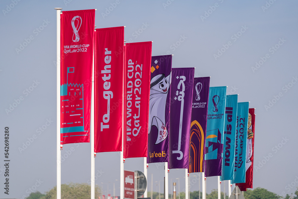 Doha, Qatar - October 28, 2022: Flags promoting FIFA World Cup 2022 in ...