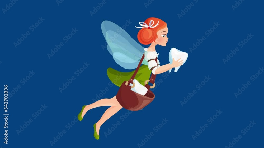 flying tooth fairy holding teeth 2d animation screen green background ...
