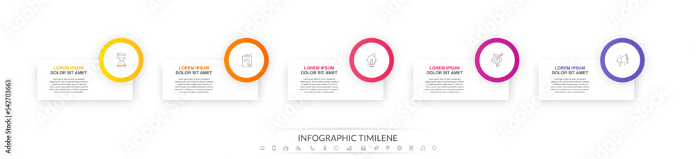 Modern vector infographics design template. Concept with five steps, labels. Creative timeline ...