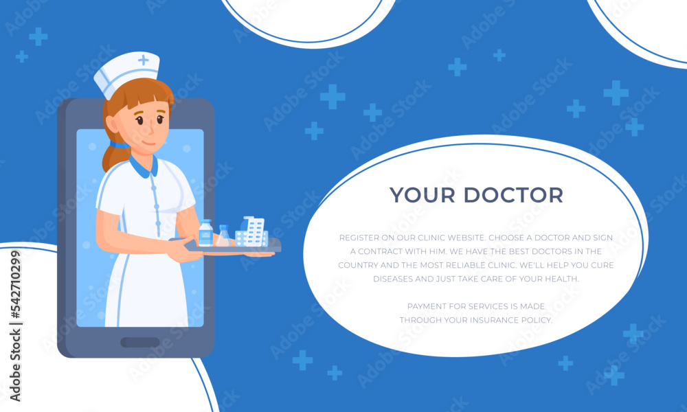 Vector illustration nurse template. Girl in a medical gown with a tray ...