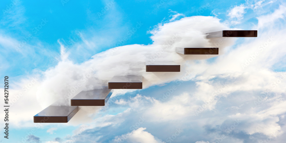 Stairway on blue cloudy sky background. Stairs and clouds, growth and ...