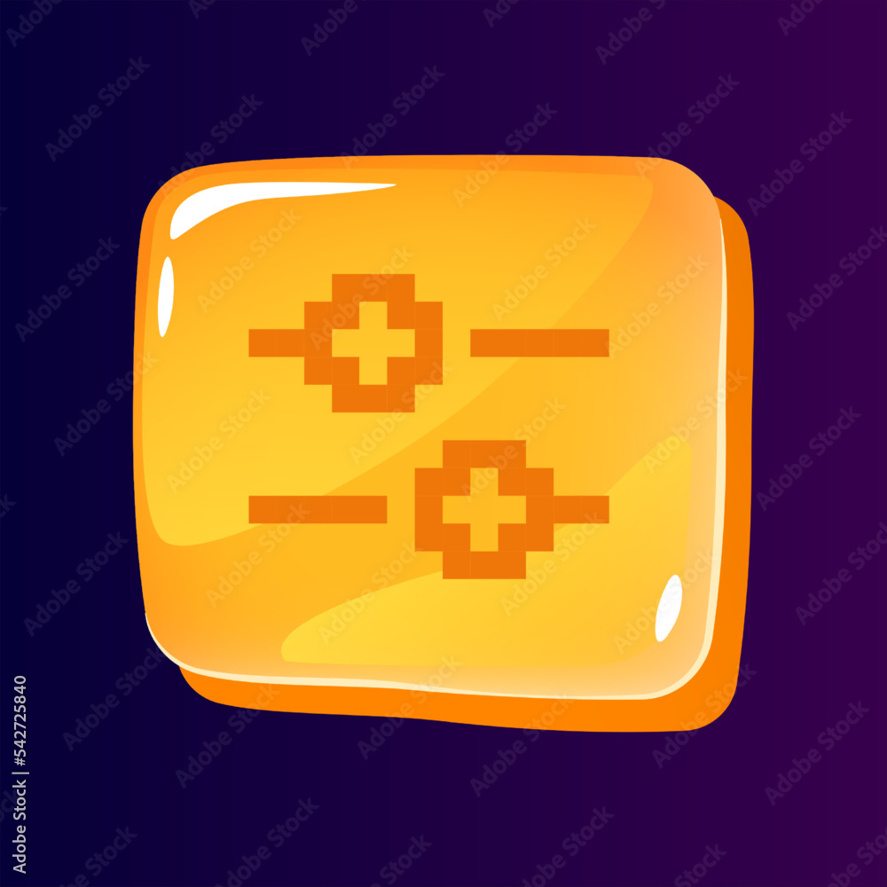 Filters setup glossy ui button with pixelated icon. Control panel. Editable 8bit graphic element ...