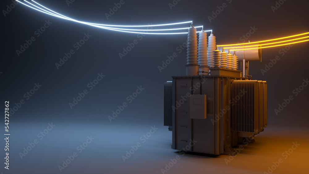 Three-phase transformer glows on a dark background. Template with neon ...