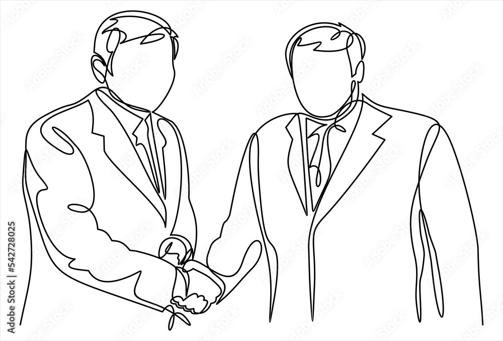 One line drawing of two businessmen in suitcase shaking hand and agree ...