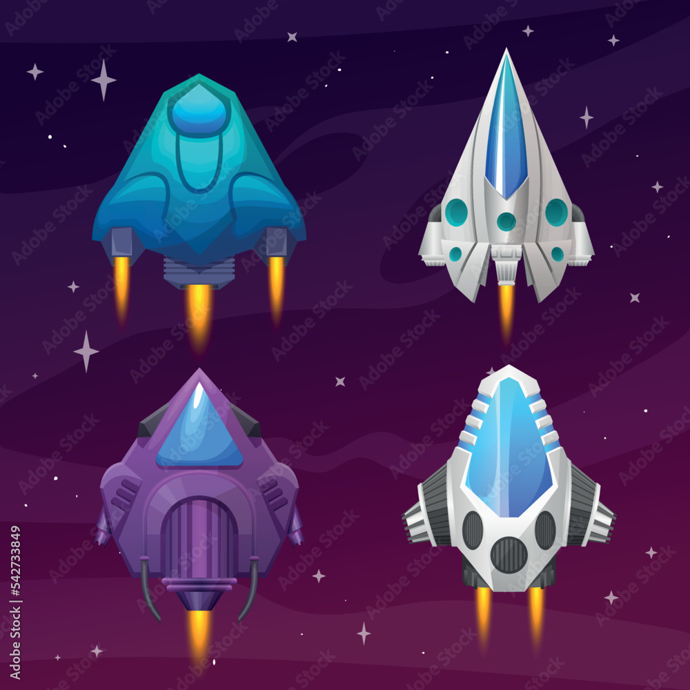 Set of cartoon space starships for various games, video game, poster ...