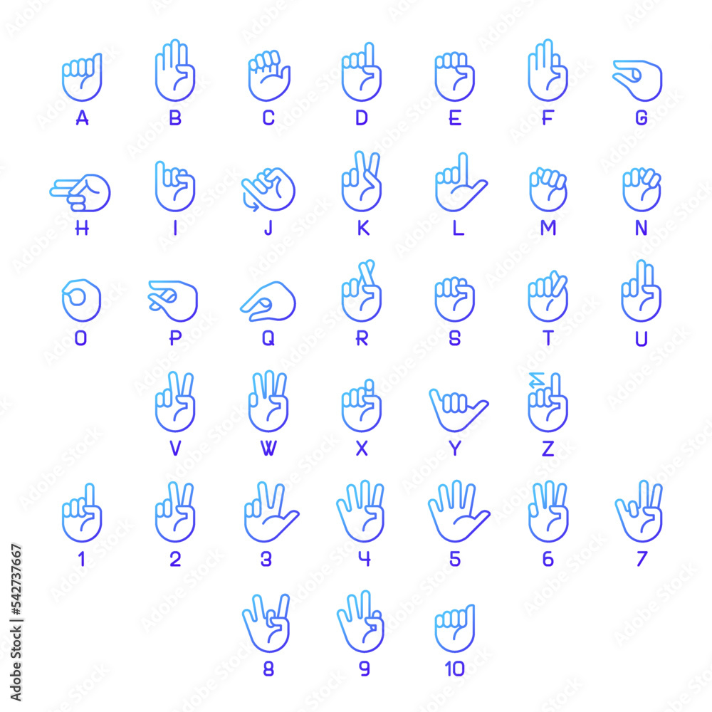 American sign language pixel perfect gradient linear vector icons set ...