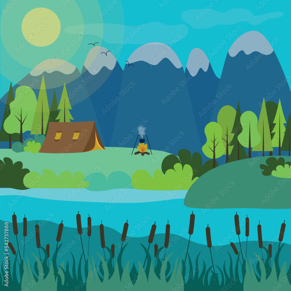 Summer camping concept art. Tent, landscape, campfire, mountains, lake ...