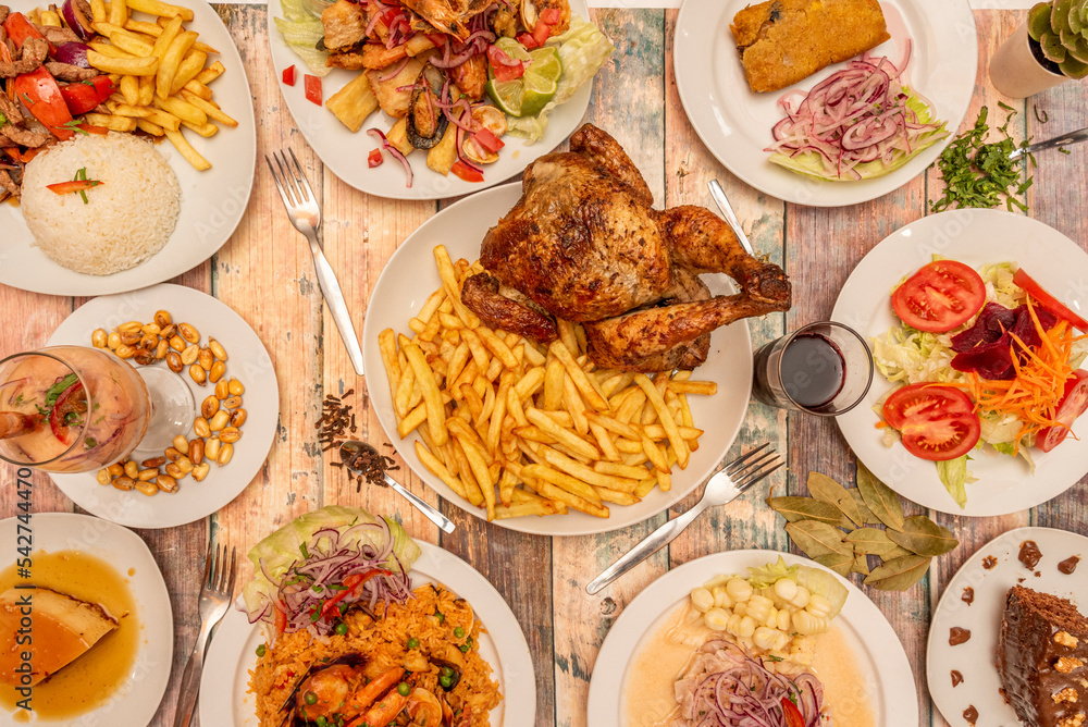Set of dishes of Peruvian food and weekend roast chicken on the menu ...