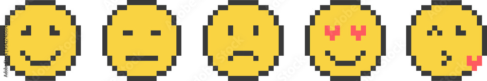 Cute pixel emoticons. Set of Emoji. Smile icons. Pixel art illustration ...