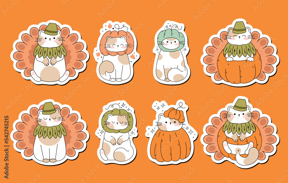 Draw funny stickers with cats in a thanksgiving pumpkin turkey kawaii ...