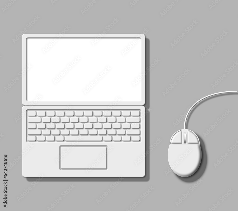 laptop and mouse set illustration with white screen on grey background ...