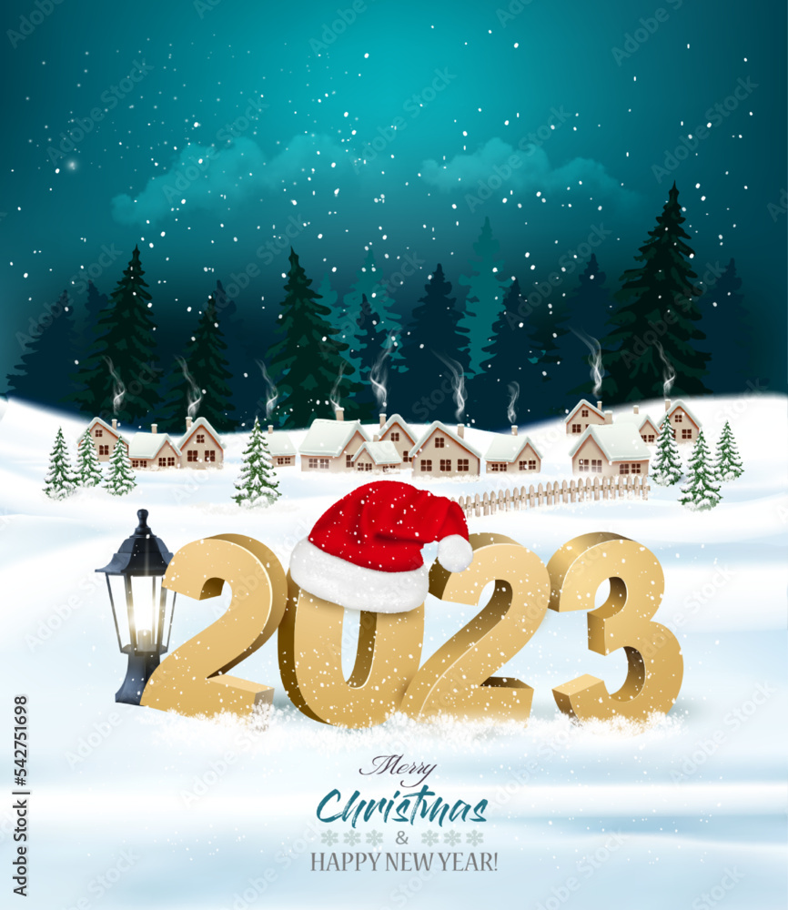 Merry Christmas and Happy New Year background with winter village and ...