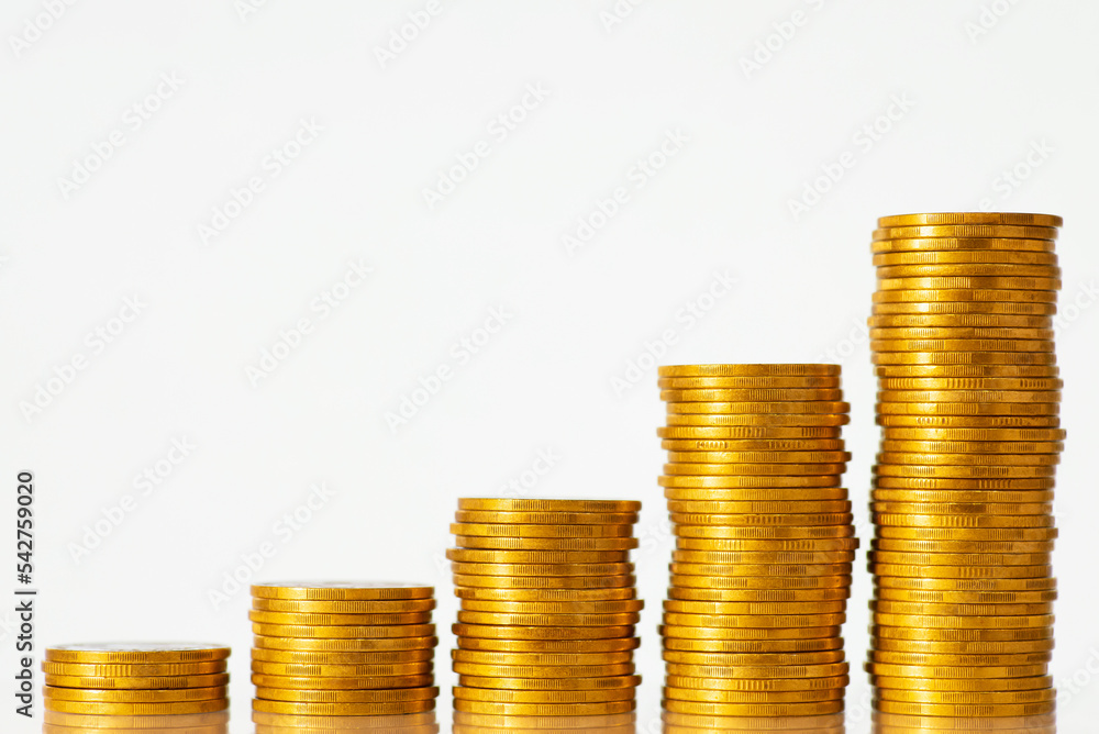 Uprising graph of coin stacks against white background. Concept of ...
