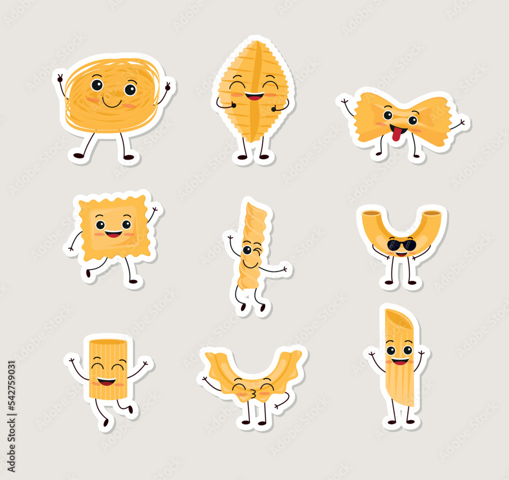 Sticker Pasta characters. Funny noodles with cute faces, hands and feet ...