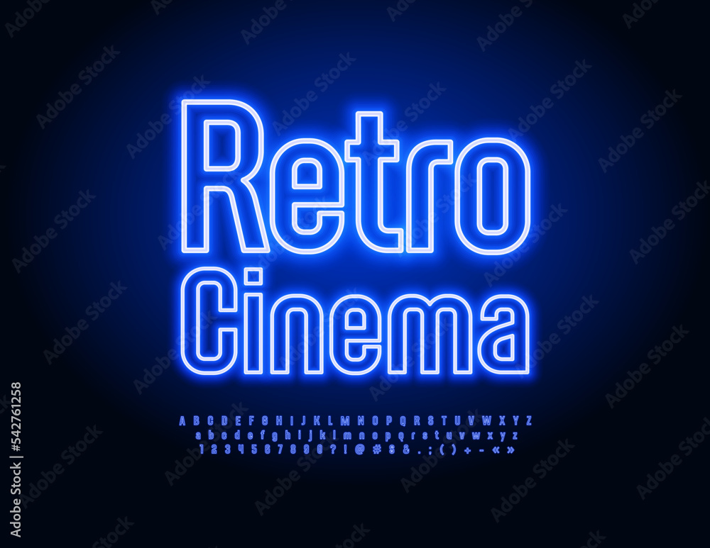Vector glowing banner Retro Cinema. Creative Blue Font. Bright neon ...