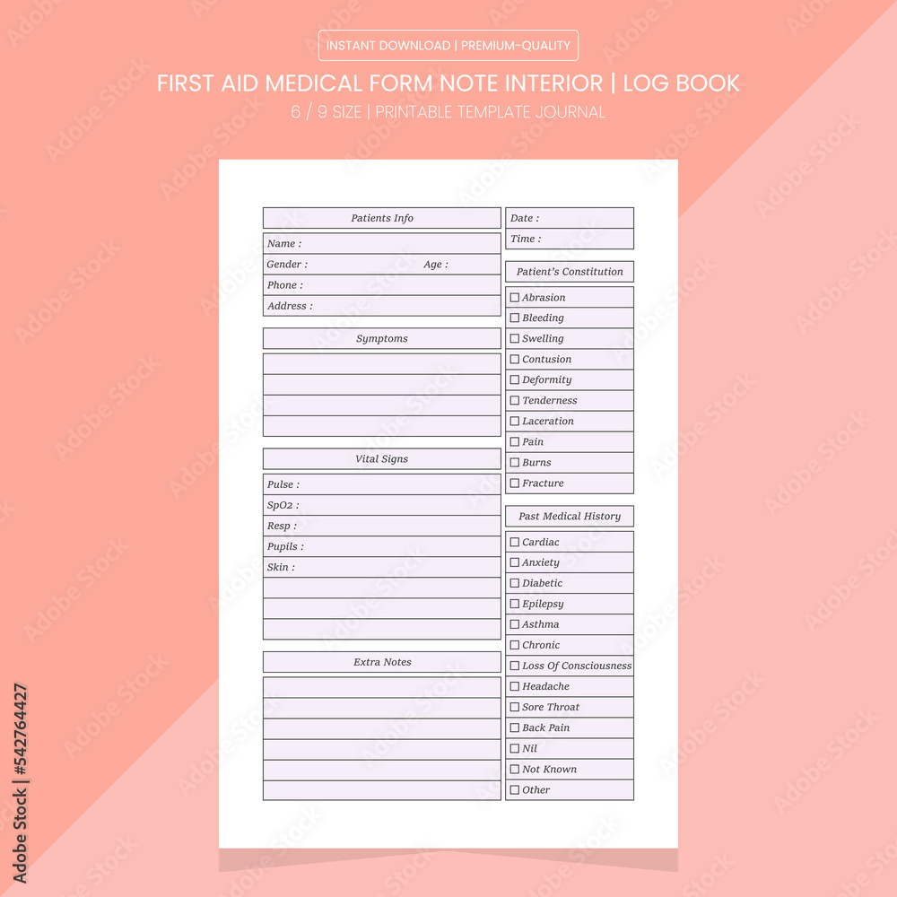 First Aid Medical Form Note Interior | medical Form Diary Journal ...