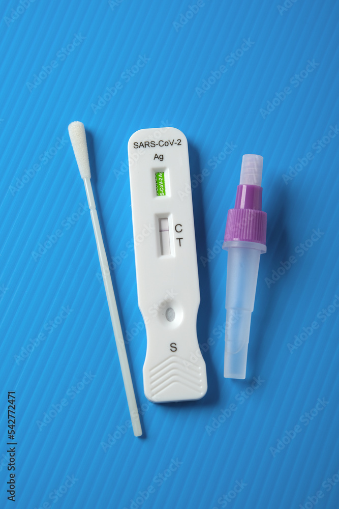 covid-19 self test - Anterior nasal - blue background - closeup Stock ...