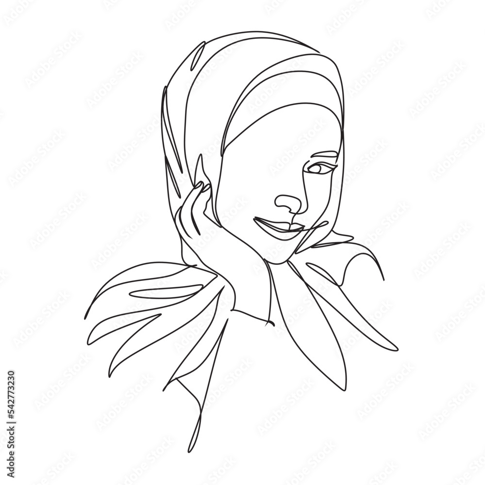 Woman in hijab line drawing.Hijab one line. Vector line drawing. One ...
