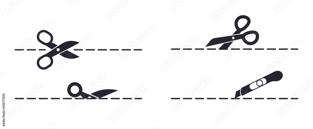Scissor cutting vector set. Scissor with line illustration. Paper cut ...