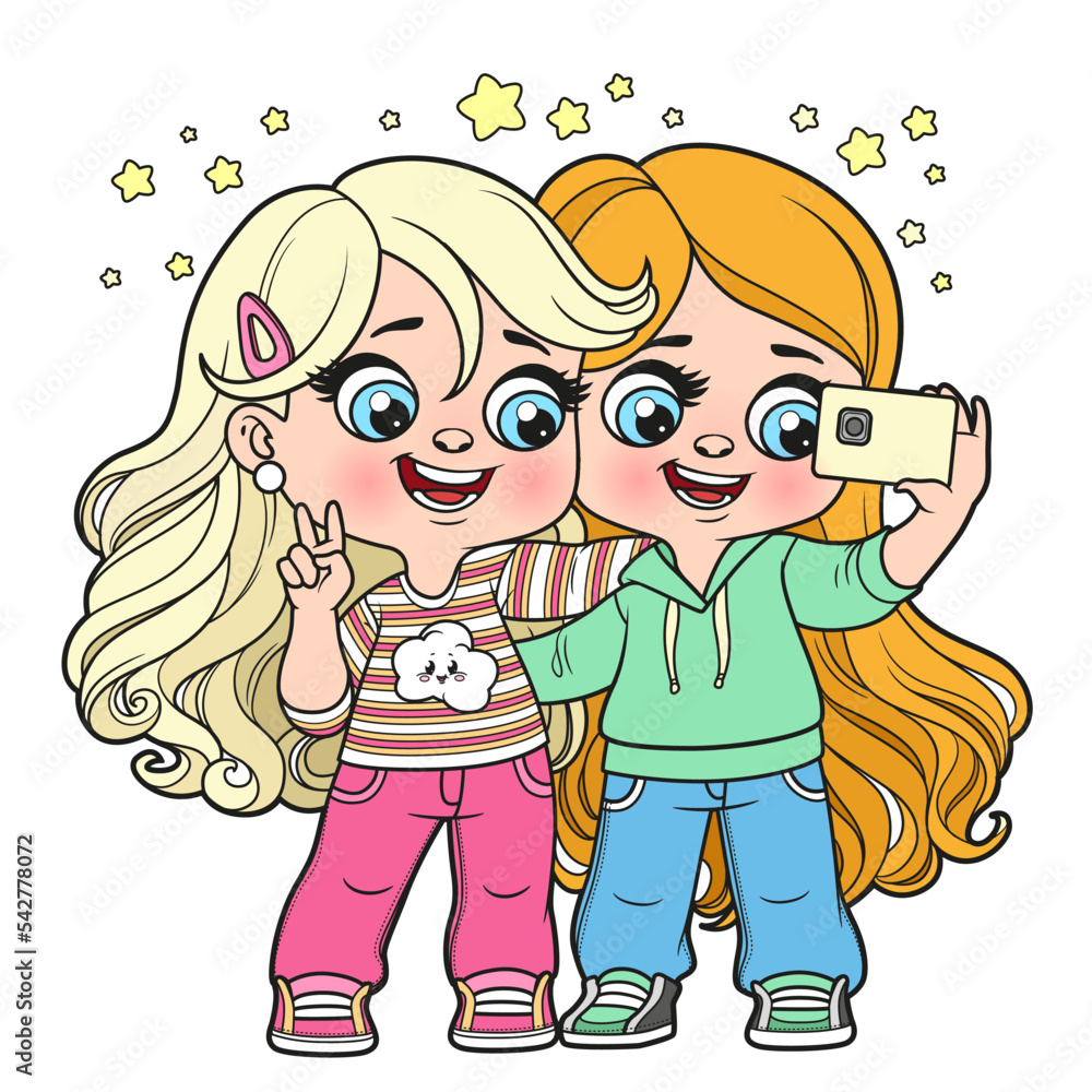 Cute cartoon two long haired girls taking a selfie with smartphone ...