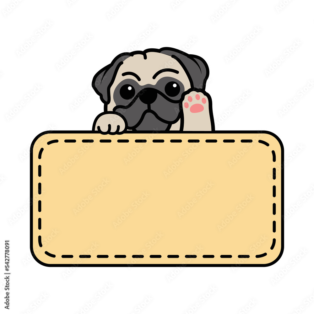 Cute pug dog waving paw with frame border template cartoon, vector ...