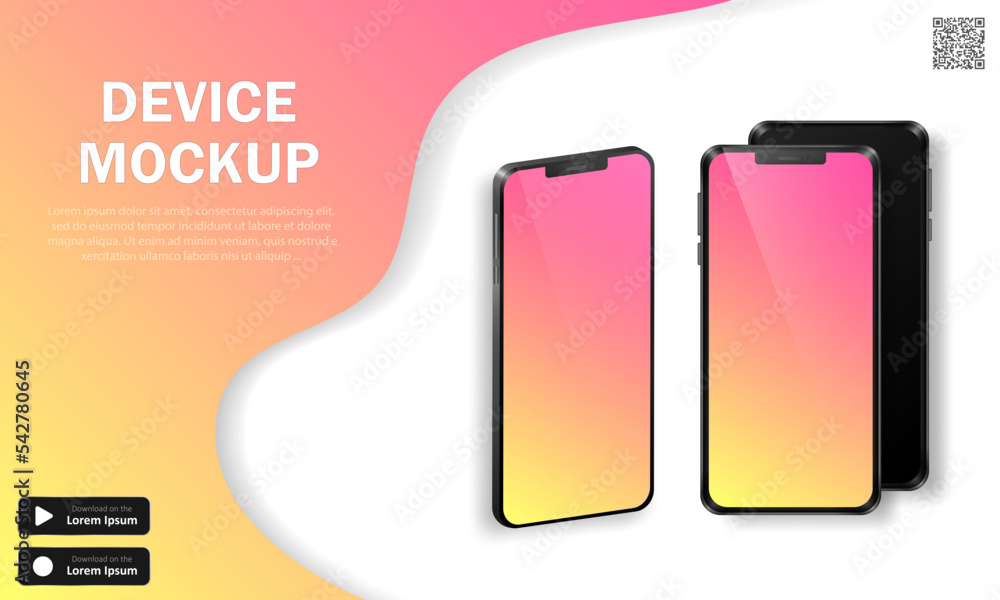 Advertising banner with realistic smartphones, text, QR code and ...