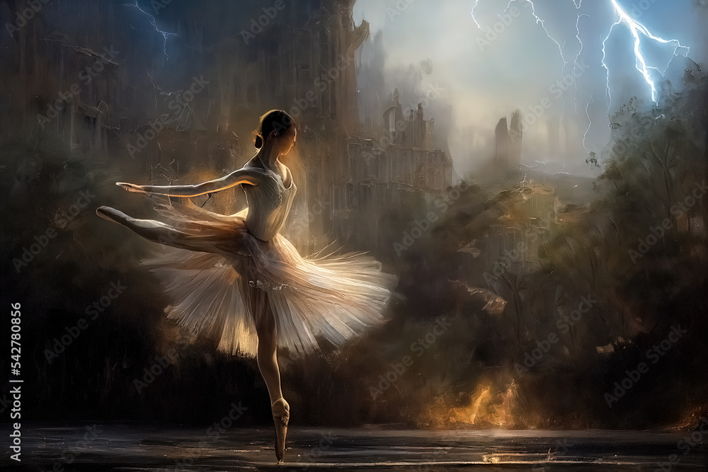 Dramatic digital painting of an elegant ballerina surrounded dancing ...