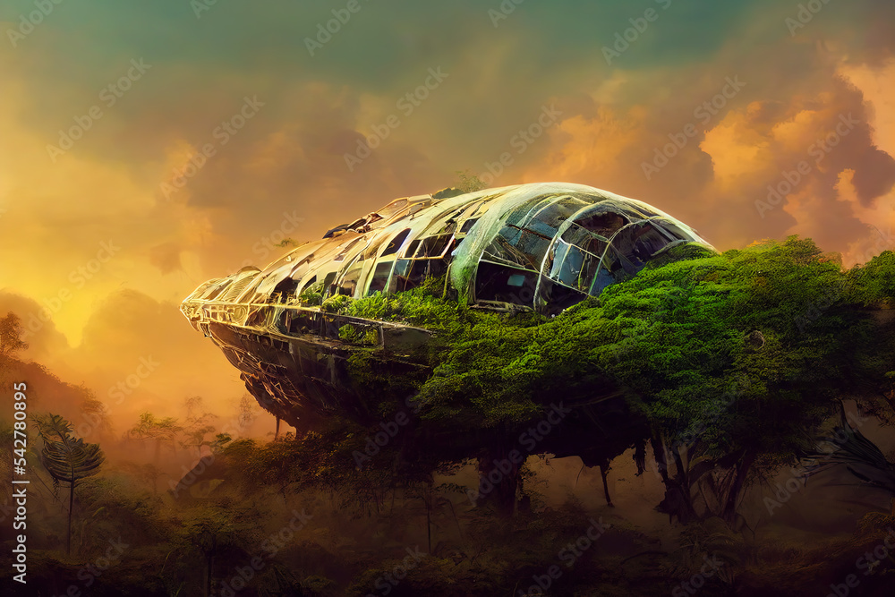 Fantasy illustration of alien jungle forest and a crashed ...