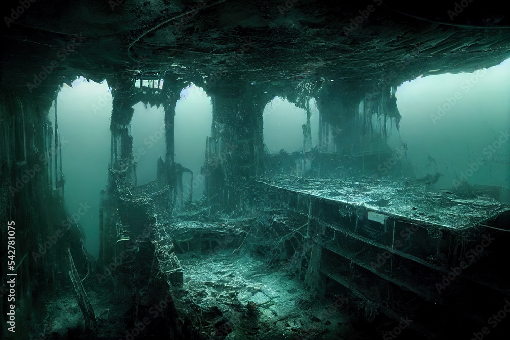Interior of a sunken ship. Underwater illustration featuring a rusting ...