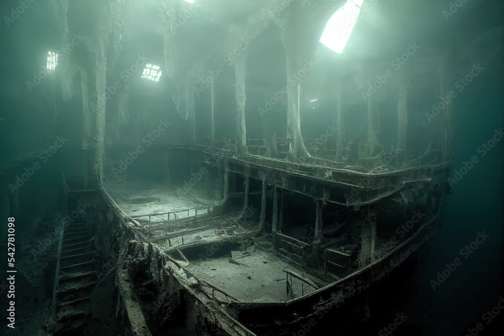 Interior of a sunken ship. Underwater illustration featuring a rusting ...