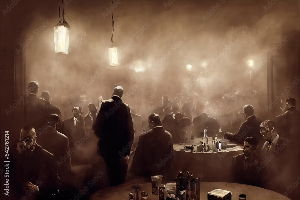 Illustration of criminals at gathering with cigar smoke in the room ...