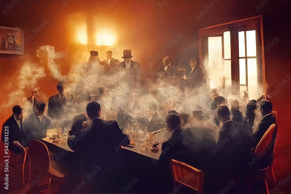 Criminals at gathering with cigar smoke in the room. Italian mafia of ...