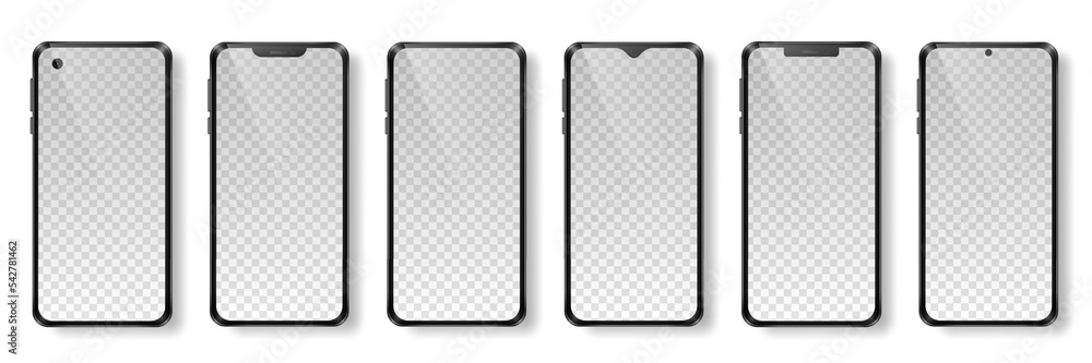 Mockup of six smartphones with transparent screen and different cameras ...