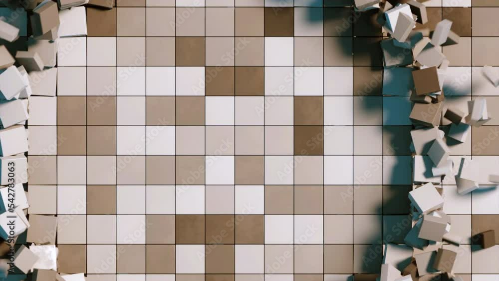 Abstract mosaic tile wall with flying 3D mosaic tiles from the inside ...