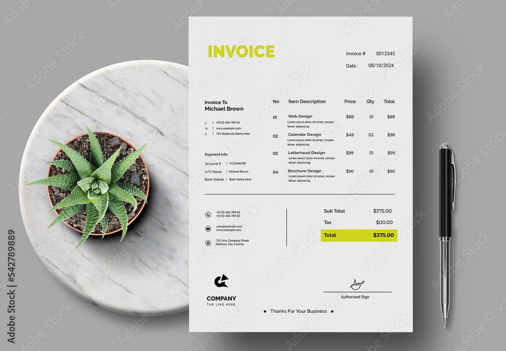 Printable Invoice Layout Stock Template | Adobe Stock