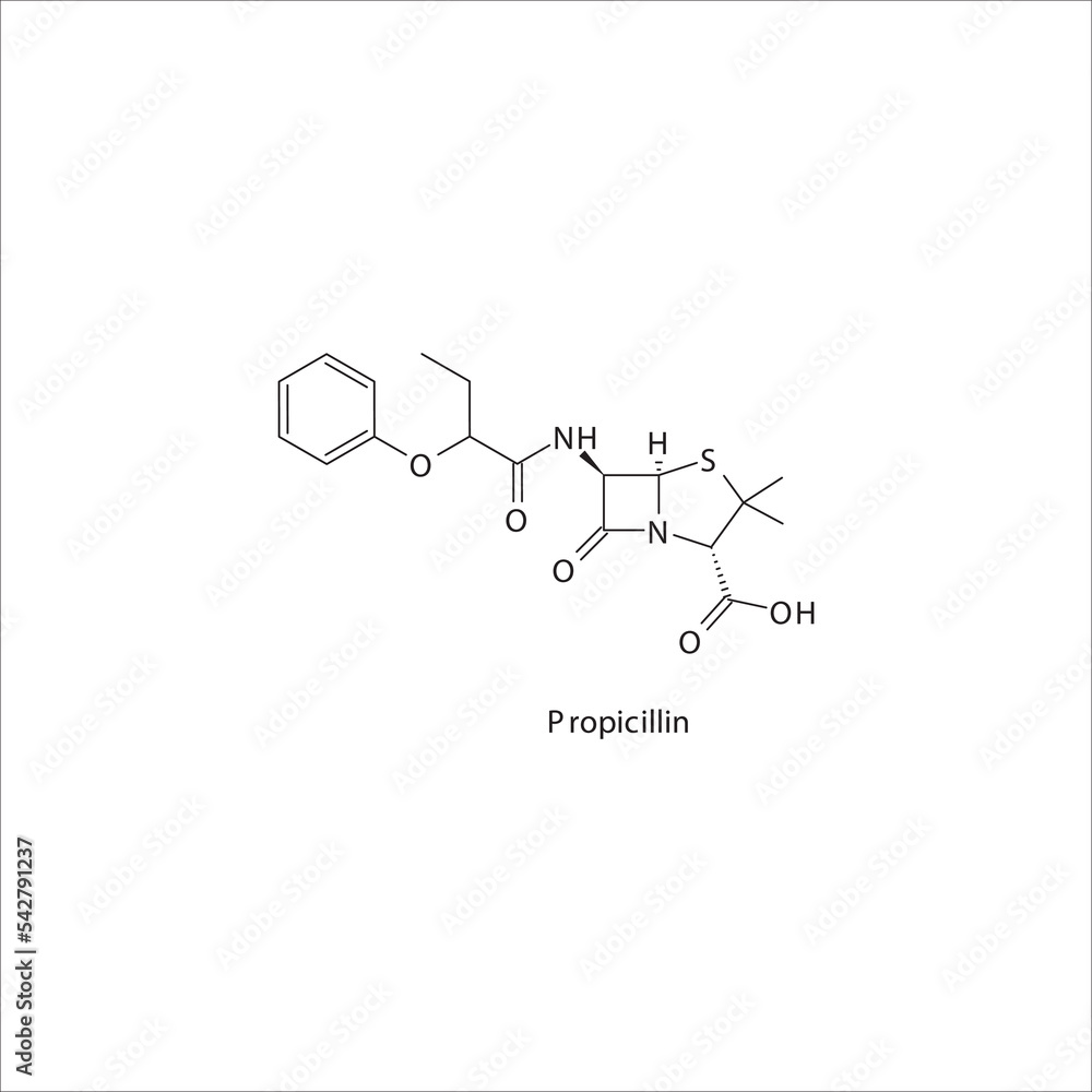 Propicillin flat skeletal molecular structure Penicillin drug used in ...