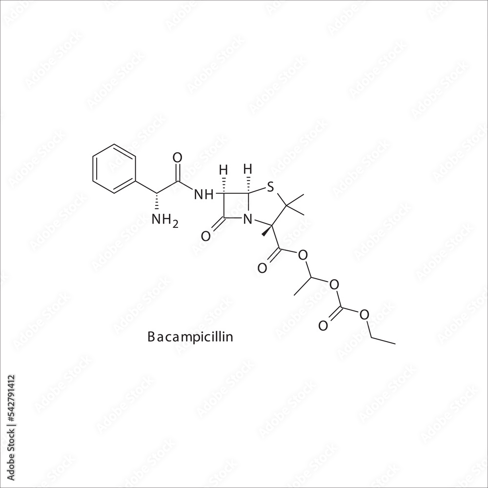 Bacampicillin flat skeletal molecular structure Penicillin drug used in ...