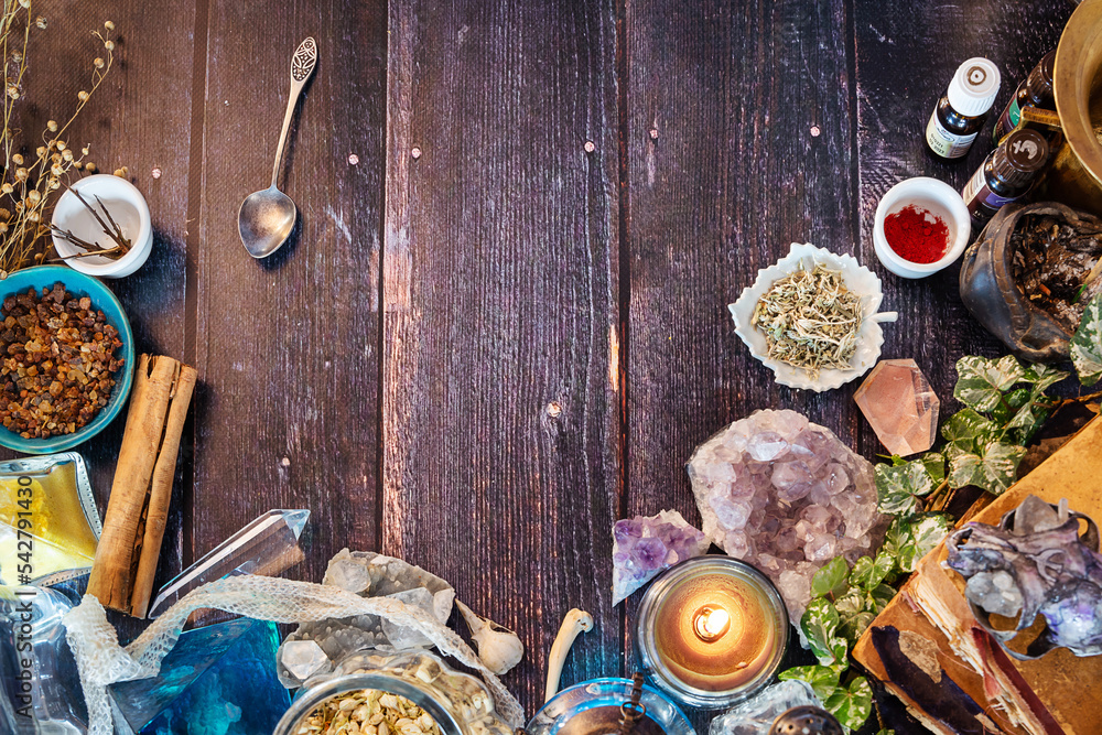 Alchemical lab with crystals, snake skin, potions, herbs, spices, oils ...