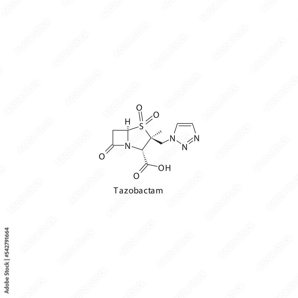 Tazobactam flat skeletal molecular structure β-lactamase inhibitor drug ...
