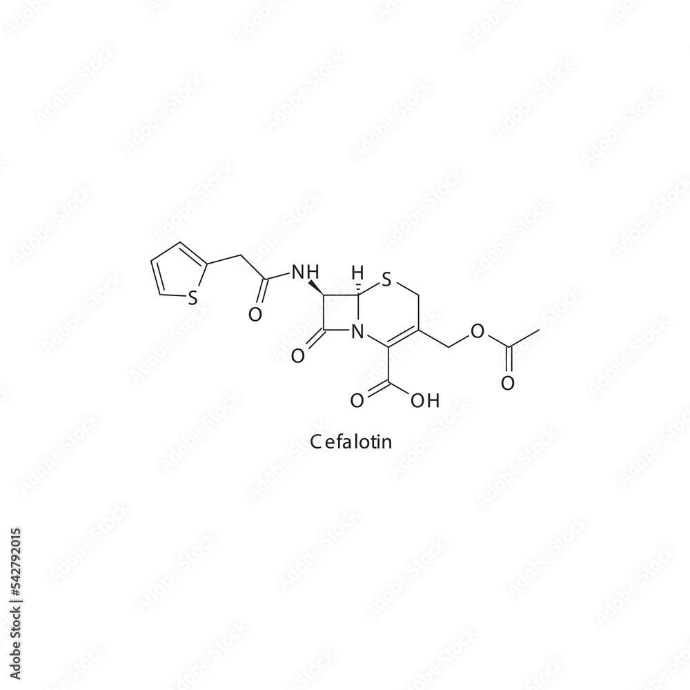 Cefalotin flat skeletal molecular structure 1st generation ...