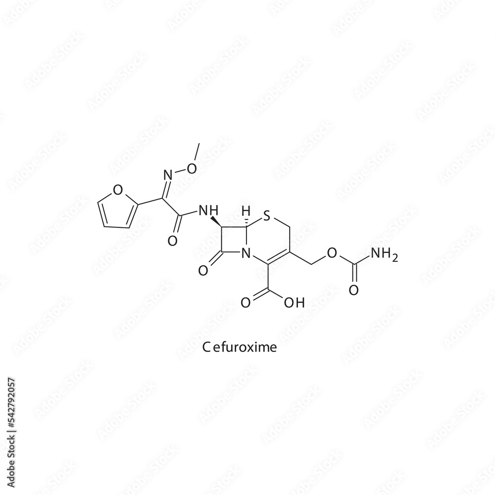 Cefuroxime flat skeletal molecular structure 2nd generation ...