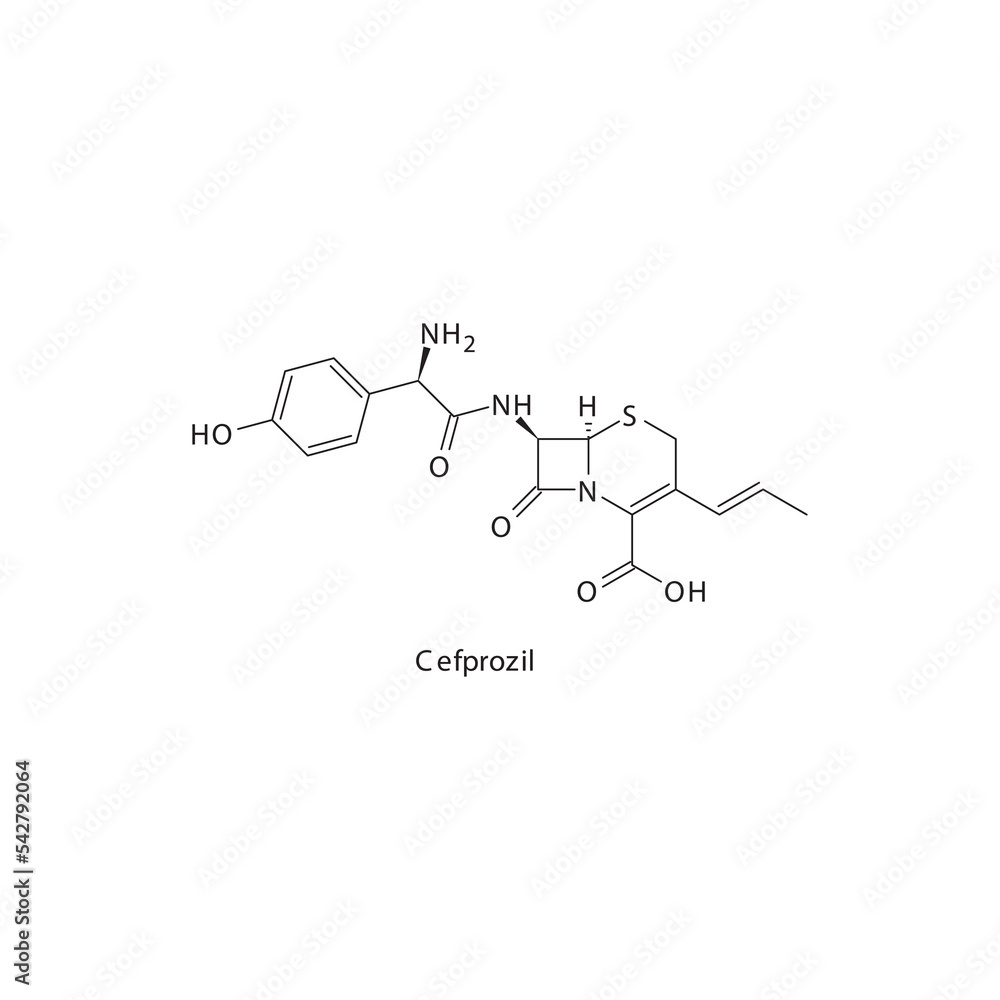 Cefprozil flat skeletal molecular structure 2nd generation ...