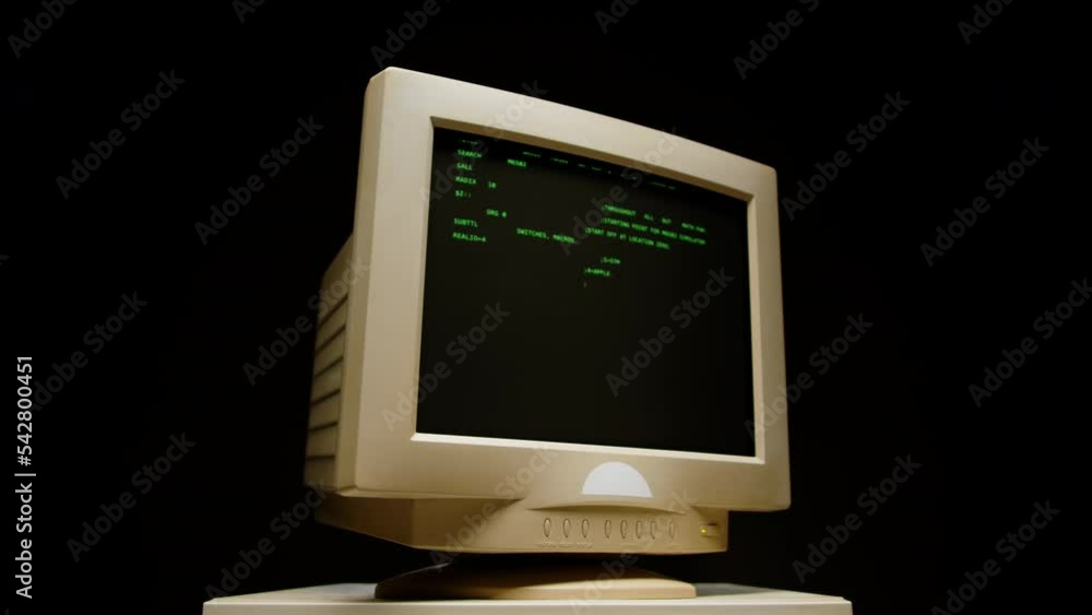 Retro pc with loading code console, programmer making scripts, green ...